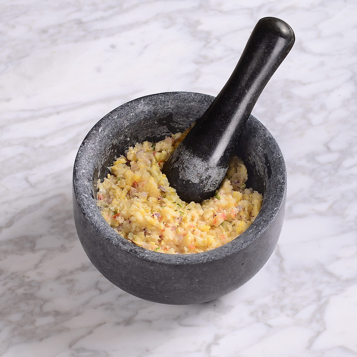 Velaze Large Mortar and Pestle Set, 100% Granite, Natural Unpolished, Herb Crusher, Spice Grinder, Stone Grinder Bowl for Making Guacamole and Pesto, 6.3 Inch Pestle Size