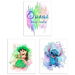Lilo & Stitch Posters - Set of 3 (8 inches x 10 inches) Ohana Means Family Watercolor Wall Art Decor Prints for Nursery