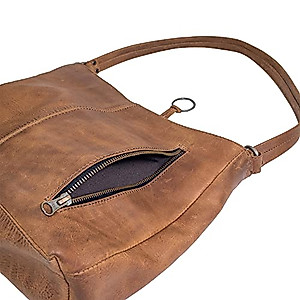 Hide & Drink, Classic Shoulder Bag Handmade from Full Grain Leather & Plaid Cotton - Durable, Spacious Handbag, Vintage Style Purse for Everyday Use, Travel, Shopping with Zipper - Bourbon Brown