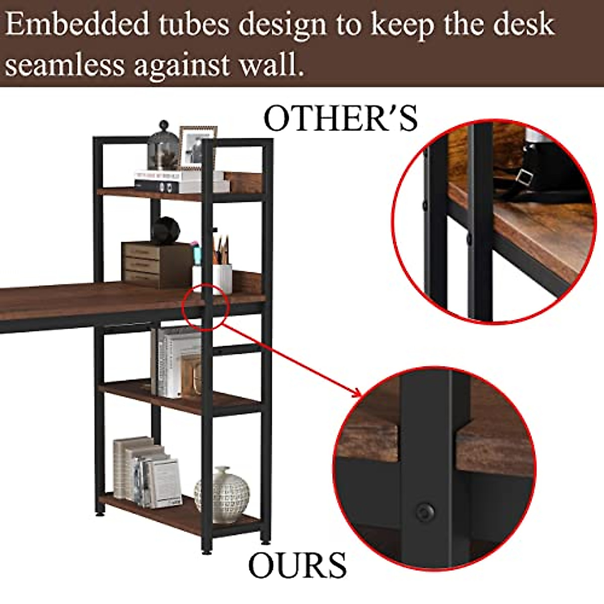 Napnapday 55 inch Computer Desk with Shelves, Desk with Storage Bookshelf Writing Table for Gaming Home Office Bedroom, Mahogany