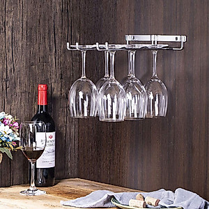 Stemware Wine Glass Rack Wall Mountable Heavy Duty Thick Wrought Exquisite silver chrome 2 Rows 10.2 Inch Deep,Metal Storage Hanger for Kitchen or Bar