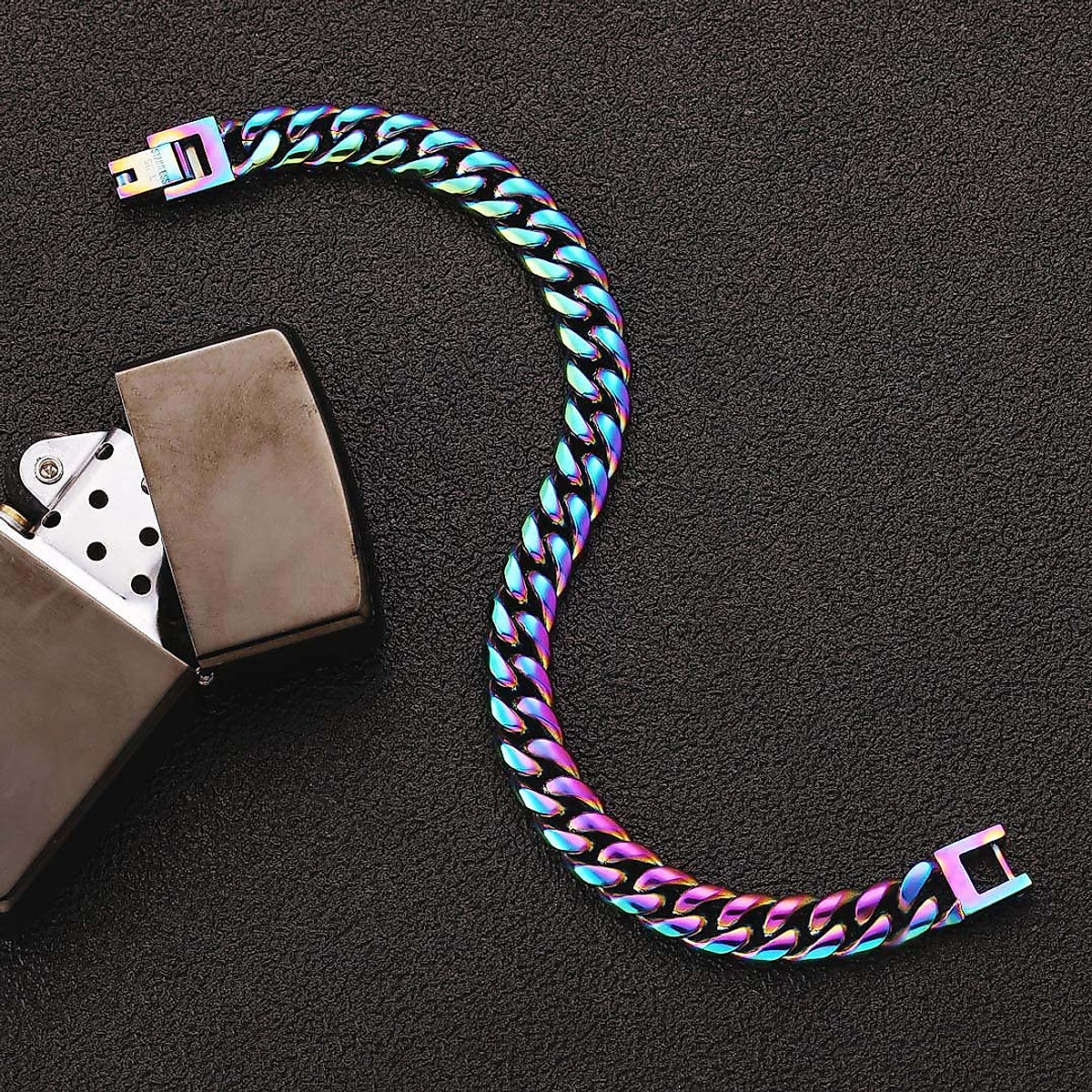 Apzzic 10mm Stainless Steel Cuban Link Chains Hip Hop Chunky Heavy Cut Curb Bracelet for Men Women Colorful 8.5inch