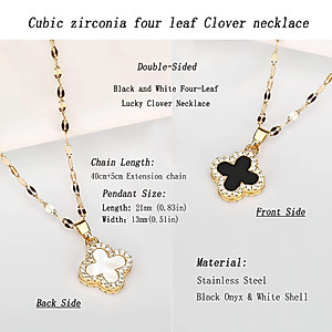 Fiklon Gold Clover Necklace For Women Lucky Black and White Leaf Clover Pendant Necklace Jewelry Double Side (Black White)