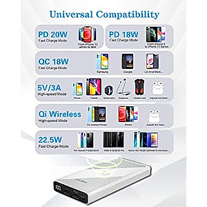15W Wireless Portable Charger, 22.5W PD20W QC3.0 USB-C Fast Charging 10000mAh Power Bank LED Display, 2 Inputs and 4 Outputs, Slim & Light External Battery Pack for iPhone iPad Airpod Samsung LG Sony