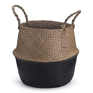 Seagrass Plant Basket with Handles Natural Woven Storage Baskets (Black 9 inch D x 11 inch H)