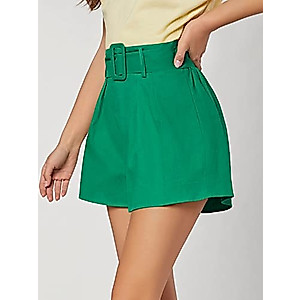 Floerns Women's Solid Elastic High Waist Buckle Belted Wide Leg Shorts Green M