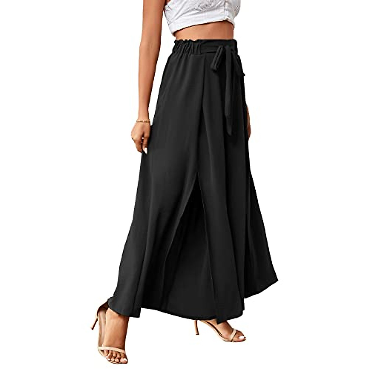 LYANER Women's Tie Front High Waist Side Split Slit Flowy Wide Leg Pleated Pant with Belt Solid Black XX-Large