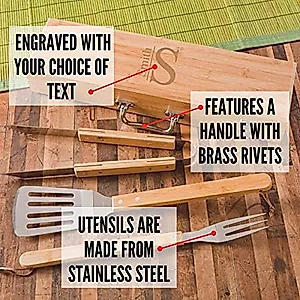 Personalized Grill Set for Men, BBQ Set with Custom Engraved Wooden Case Holder (Circle Design) | Customized Birthday for Him, Dad, Boyfriend, Husband | Groomsmen Gift