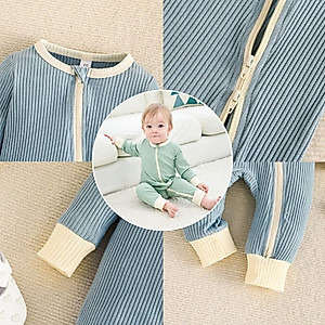 Bafeicao Unisex Baby Boy Girl 2 Pack Rompers Long Sleeve Two Way Zipper Romper One Piece Jumpsuits Clothes Sets, Blue+Green, 3-6M