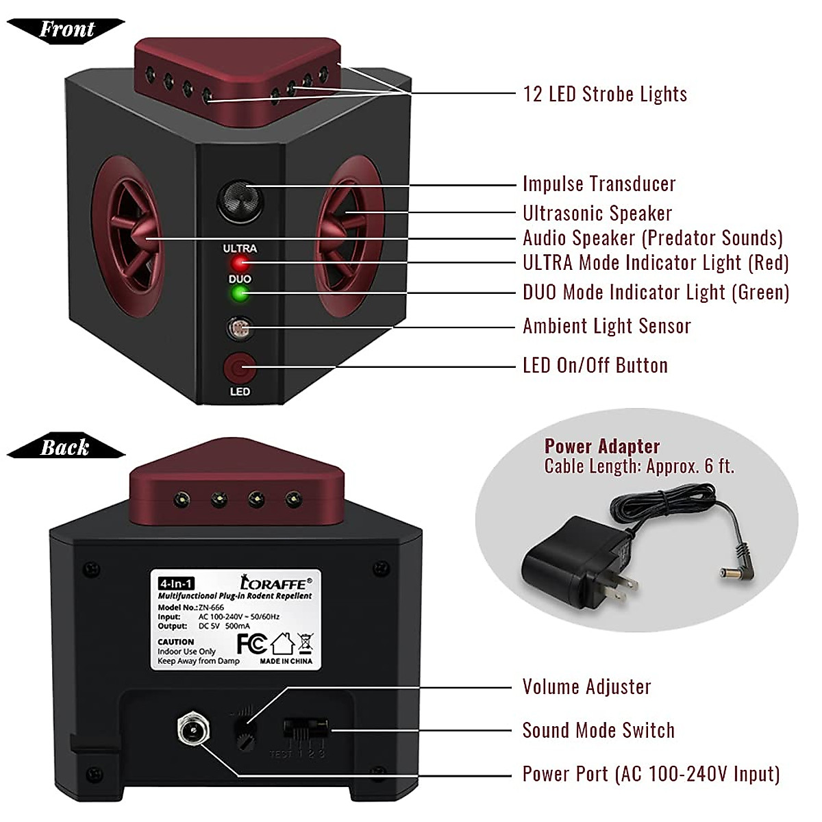 Loraffe Ultrasonic Rodent Repellers Bundle, Under Hood Animal Repeller, 4 in 1 Plug in Rodent Repeller, Vehicle and Garage Rodent Defense, Pest Control