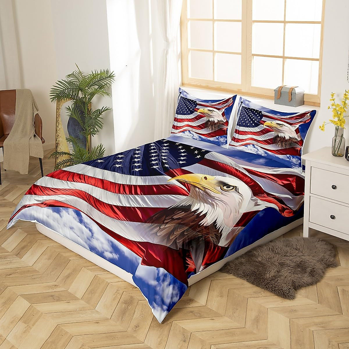 Erosebridal American Flag Bedding Set Bald Eagle Duvet Cover Patriot United States Flag Comforter Cover for Kids Teen Boys Independence Fourth of July Theme Quilt Cover with 2 Pillow Cases Queen Size