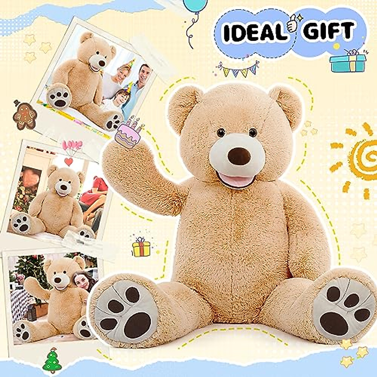 DOLDOA 4.3ft Big Teddy Bear Stuffed Animals with Footprints, Life Size Teddy Bear Plush for Girlfriend 51 inch, Light Brown