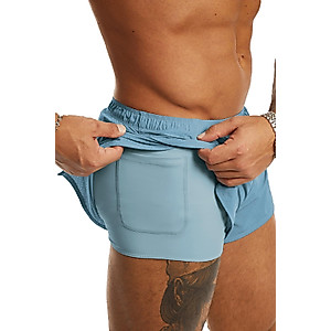 Ouber Men's Running Shorts with Liner 2'' Workout Shorts Bodybuilding Side Split Mesh Gym Shorts SkyBlue,XL