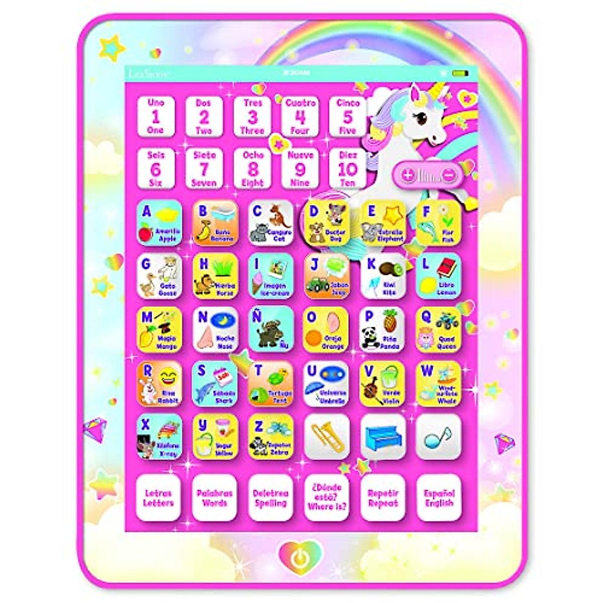 Lexibook Unicorn Educational Bilingual Interactive Learning Tablet, Toy to Learn Alphabet Letters Numbers Words Spelling and Music, English / Spanish Languages, Pink, JCPAD002UNIi2