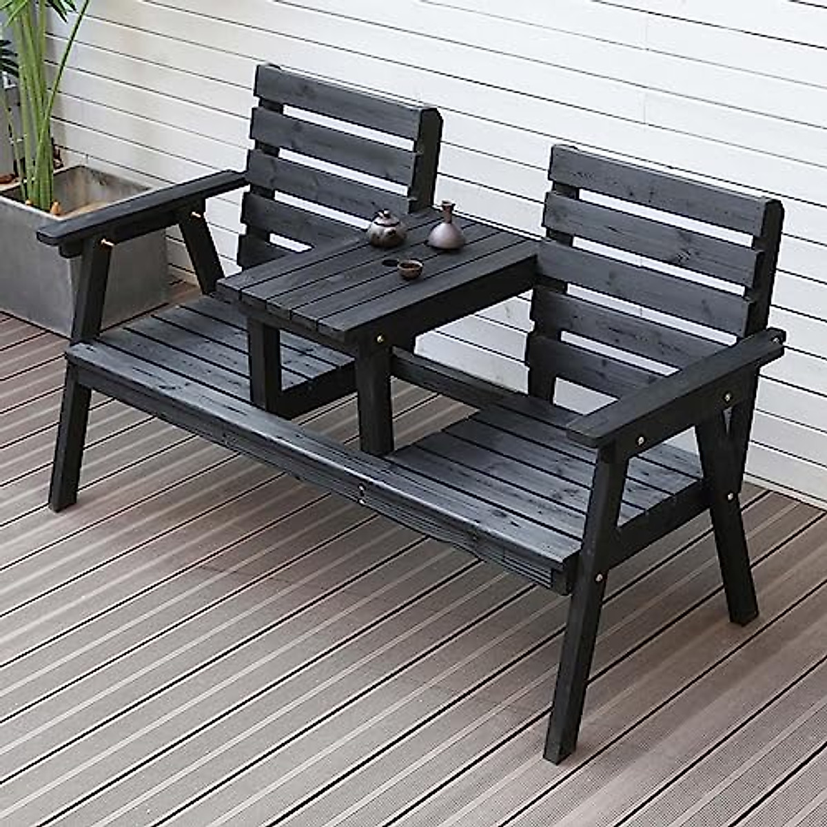Wooden Outdoor Patio Bench with Center Table & Umbrella Hole - Natural Oiled Wood Garden Bench Set of 2 Chairs, Slatted Design