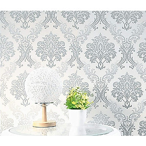 Amao Grey Damask Peel and Stick Wallpaper Self Adhesive Vinyl Shelf Liner for Cabinets Sheves Livingroom Wall Decal 17.7inch by 79inch