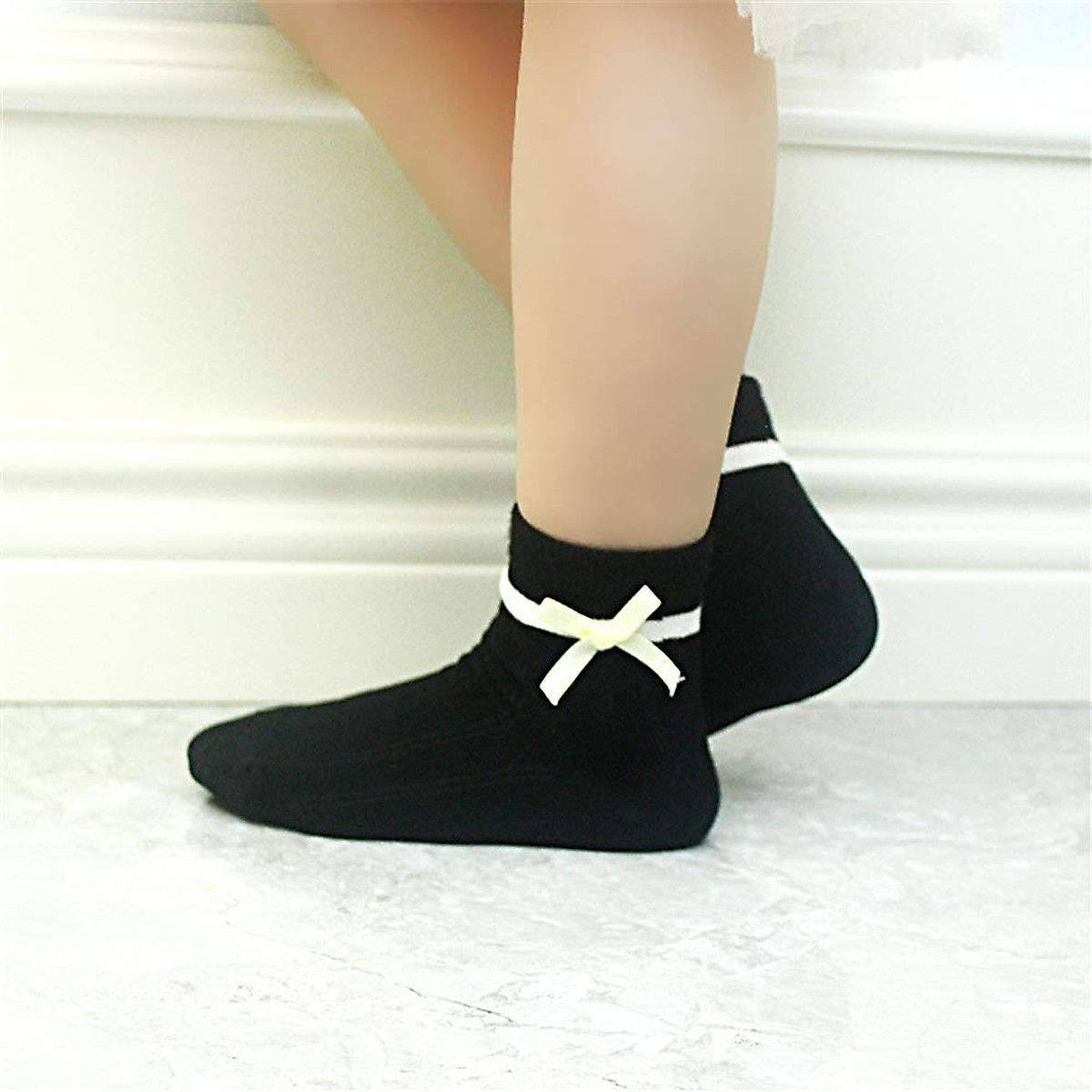 Gwenvenni Girls Socks Little Kids Cotton Bow Socks Low Cut 5 Pairs, Age 6-8