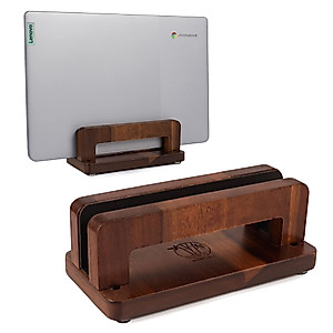 S&A WOODCRAFT Brown Acacia Wood Vertical Laptop Stand, Adjustable Wooden Laptop Holder, Non-Slip Laptop Dock Compatible with Apple MacBook, Microsoft Surface, Gaming Laptops, IPad, Tablets