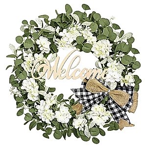 Waipfaru Eucalyptus Wreaths for Front Door, 20'' Green Outdoor Christmas Wreath with Welcome Sign and White Hydrangea for Fall Thanksgiving Decorations Home Wall Front Porch Window Patio Garden Decor