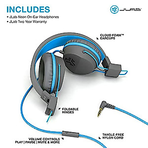 JLab Audio Neon Headphones On-Ear Feather Light, Ultra-plush Eco Leather, 40mm drivers, GUARANTEED FOR LIFE - Graphite/Blue