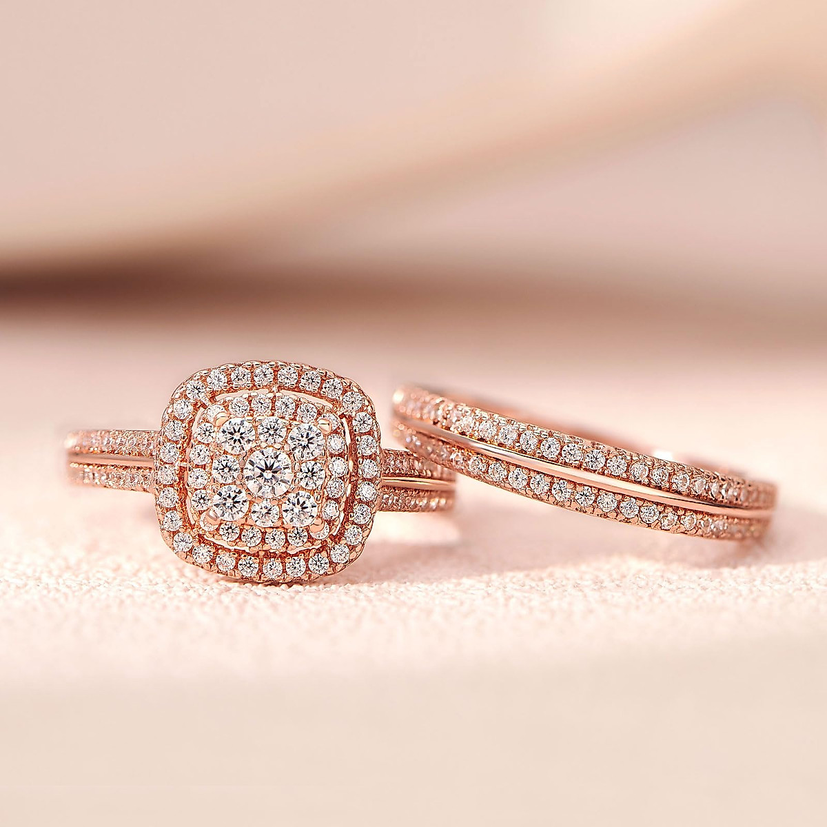 SHELOVES Womens Double Halo Rose Gold Wedding Engagement Ring Set 925 Sterling Silver Cubic Zirconia Sz 7