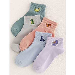 Verdusa Women's 5 Pairs Cute Embriodery Toe seamed Soft Crew Socks 5 Packs Dinosaur A one-size