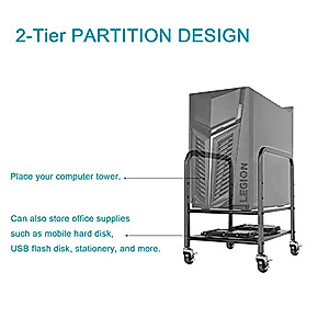 Computer Tower Stand CPU Tower Cart, 360Tronics Adjustable Desktop ATX-Case Cart 2-Tier PC Floor Stand, Mobile Rolling CPU Holder with 360°Locking Caster Wheels for Office Home (Black)