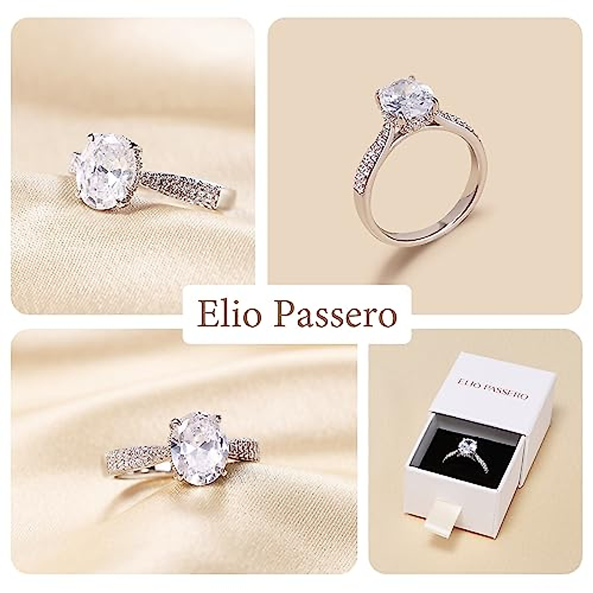 Elio Passero Engagement Rings,S925 Sterling Silver Solitaire 3CT CZ Engagement Rings Round/Oval/Pillow-shaped/Rectangular Promise Engagement Wedding Bands with Side Stones for Women Couple Rings Size4-10