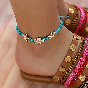 Yokawe Boho Anklets Bracelets Blue Turtle Starfish Anklet String Bracelet Summer Beach Waterproof Barefoot Sandals Foot Jewelry for Women