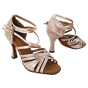 Very Fine Dance Shoes - Ladies Latin, Rhythm, Salsa, Waltz Ballroom Dance Shoes - S1006CC - 3-inch Heel and Foldable Brush Bundle - Flesh Satin - 8
