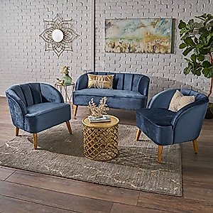 Christopher Knight Home Amaia Modern Velvet Chat Set, 3-Pcs Set, Cobalt / Walnut