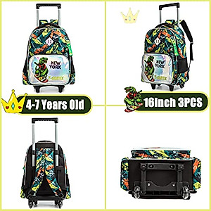 Rolling Backpack for Girls Boys Wheels Backpacks for Kids Luggage Trolley School Backpack with Lunch Box and Pencil Case for Elementary Preschool Students Dinosaur