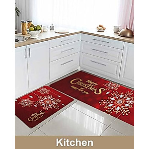 JasmineM Christmas Snowflake Shiny Diamonds Kitchen Rugs and Mats Set of 2, Christmas Decorations Indoor Outdoor Kitchen Floor Mats, Xmas Non-Slip Runner Rug for Bathroom Living Room, Red