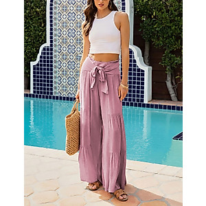 Xiaoxuemeng Women's Tiered Palazzo Pants Flowy Elastic High Waisted Wide Leg Beach Pants (Pink-XL)