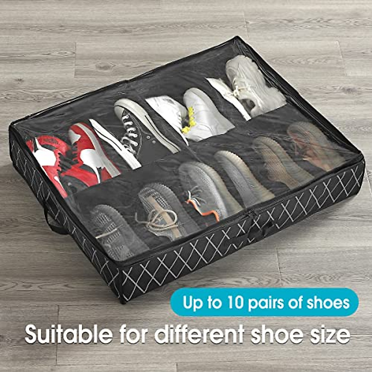 BAYUTE Under Bed Shoe Storage Organizer - 2 Pack Set with Zipper and Handle, Transparent Window, Foldable Non Woven Shoe Organizer (BLACK)