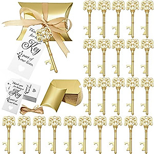 100 Sets Vintage Key Bottle Opener Wedding Favors, Wedding Party Souvenir Gift for Guests with Thank You Tag Card Pillow Candy Box and Satin Ribbon (Gold)