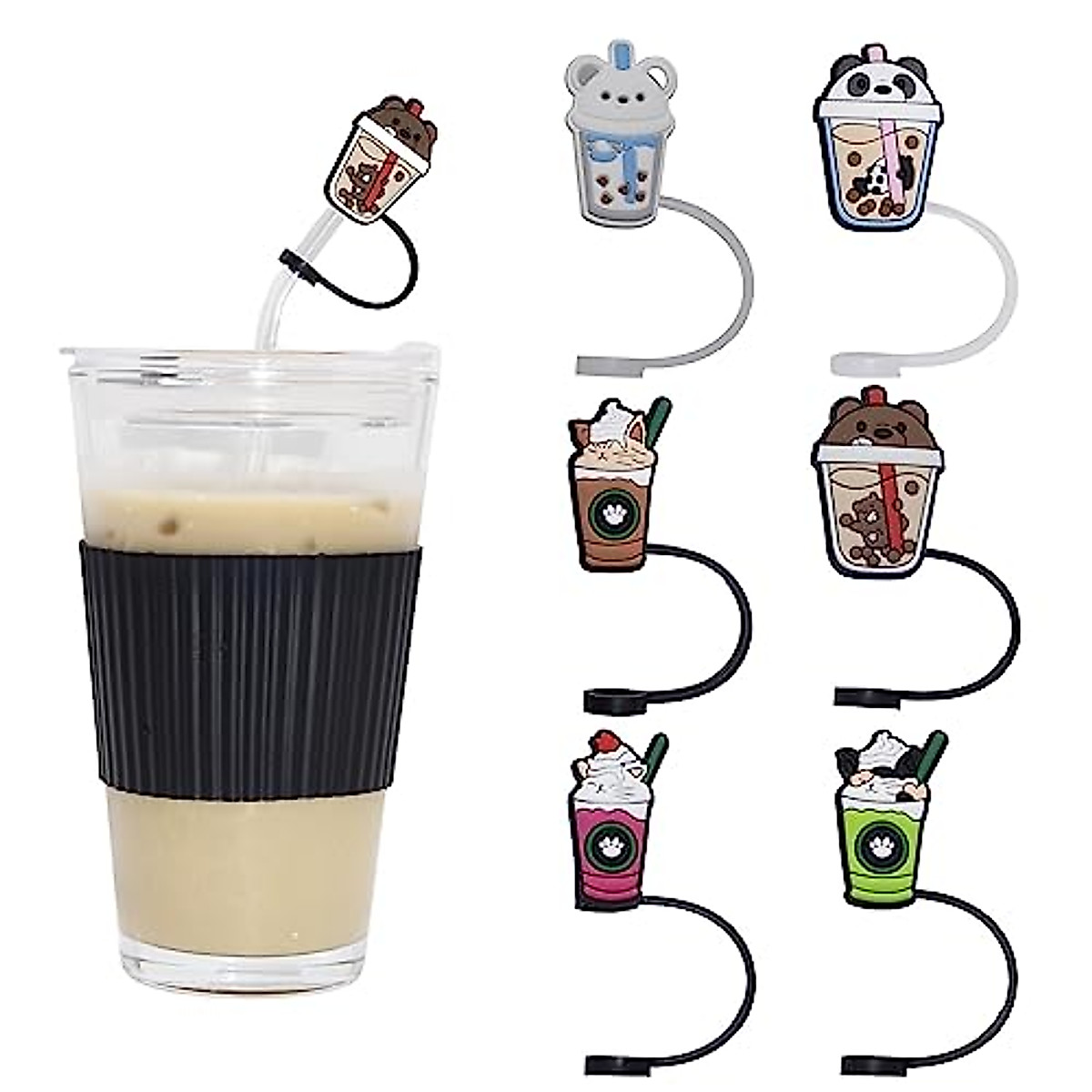 Fepdiu 6pcs Straw Covers Cap for Stanley Cup,6-8mm Cartoon Straw Cover,Reusable Drinking Silicone Straw Covers,Dust Proof Straw Toppers Covers for Stanley Cup Accessories