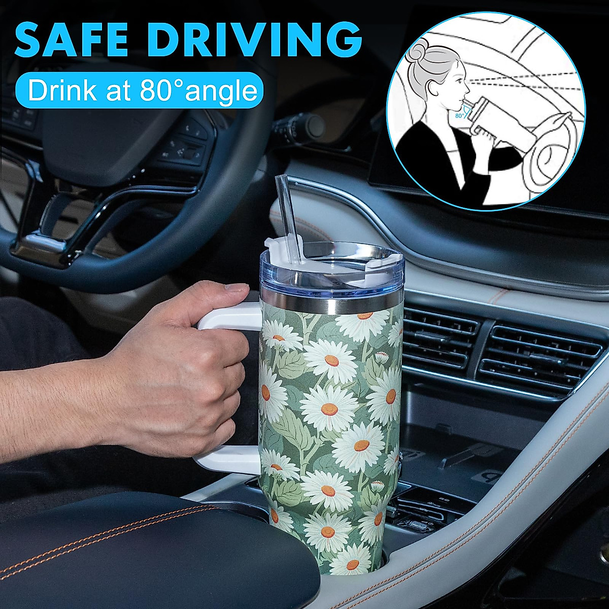 40 oz Tumbler with Handle and Straw, Daisy Insulated Travel Mug Iced Coffee Cup, Reusable Stainless Steel Insulated Water Bottle, Keeps Drinks Cold for 34 Hours, Dishwasher Safe, BPA Free