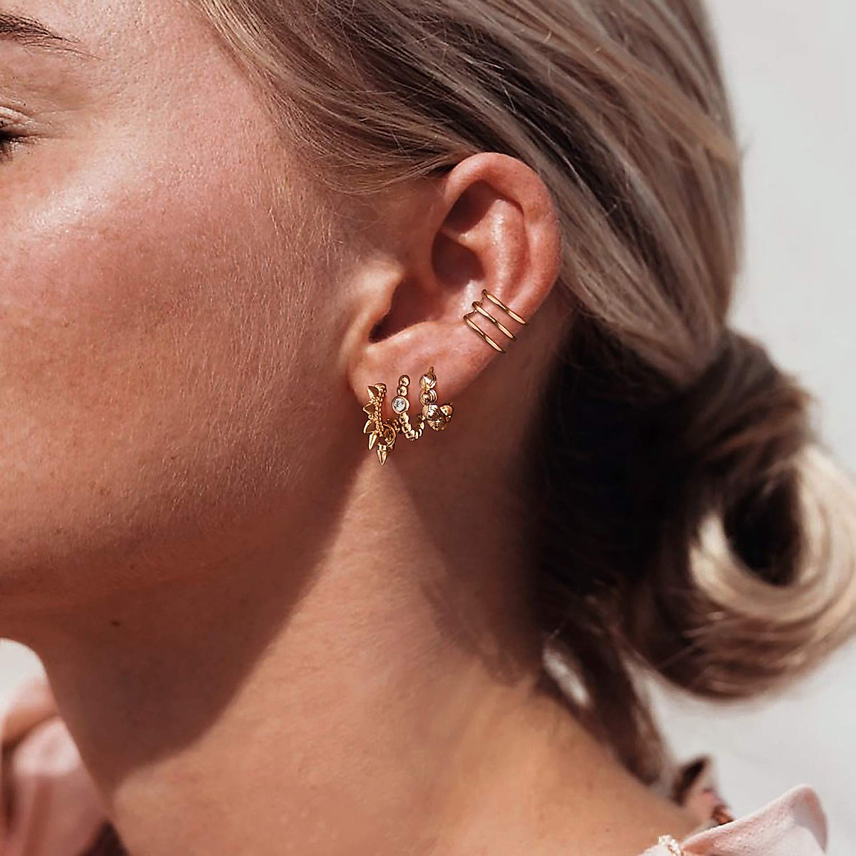 MYEARS Women Ear Cuff Earring Gold Non Pierced Ear Cartilage 3 Split Stripe Band Clip on Wrap Hoop 14K Gold Filled Tiny Boho Simple Minimalist Delicate Handmade Hypoallergenic Geometric Jewelry Gift