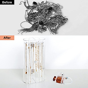 Acrylic Necklace Holder, Clear Necklace Organizer with 24 Hooks, Dustproof Rotation Jewelry Storage Holder Stand, Long Necklaces Pendant Bracelets Display Case for Dresser Bathroom Vanity Countertop