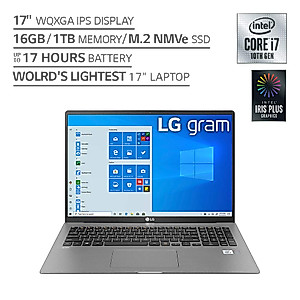 LG Gram 17Z90N-Laptop 17" IPS Ultra-Lightweight, (2560 x 1600), 10th Gen Intel Core i7 , 16GB-RAM, 1TB SSD, Windows 10 Home, 17 Hour-Battery, USB-C, HDMI, -Headphone Input - Silver