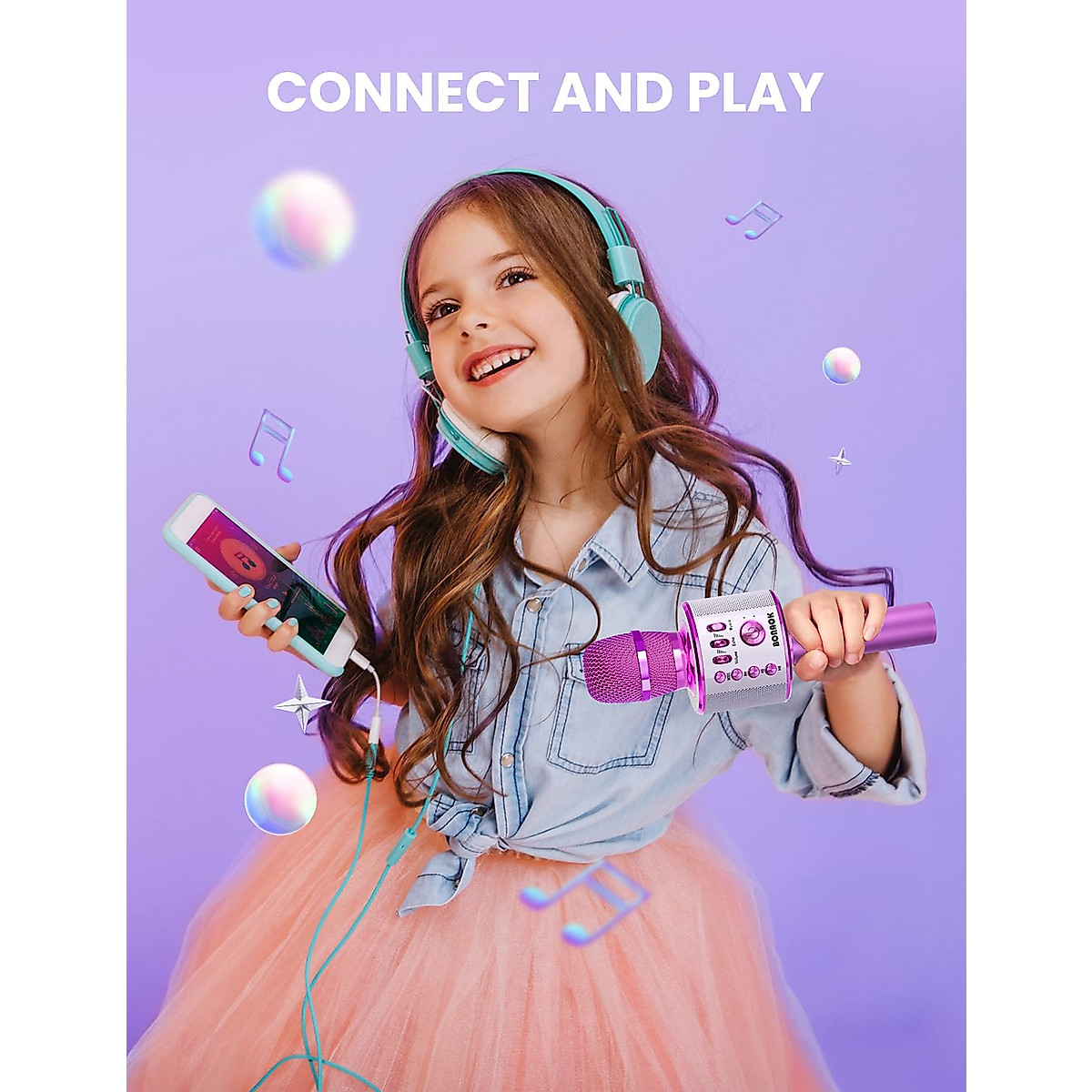 BONAOK Wireless Bluetooth Karaoke Microphone, Portable Toy Microphone for Singing, Gifts to Girls Boys Kids Adults All Age Q37（Bright Purple）