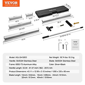 VEVOR Drywall Skimming Blade Set, 10/16/24/32/40 in Skimming Blades + 34-81.6 in Extension Handle Pole, Stainless Steel Knife Professional Skim Coat Tools, for Gyprock/WallBoard/Plasterboard