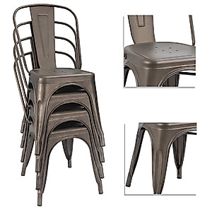Devoko Metal Indoor-Outdoor Chairs Distressed Style Kitchen Dining Chairs Stackable Side Chairs with Back Set of 4 (Gun)