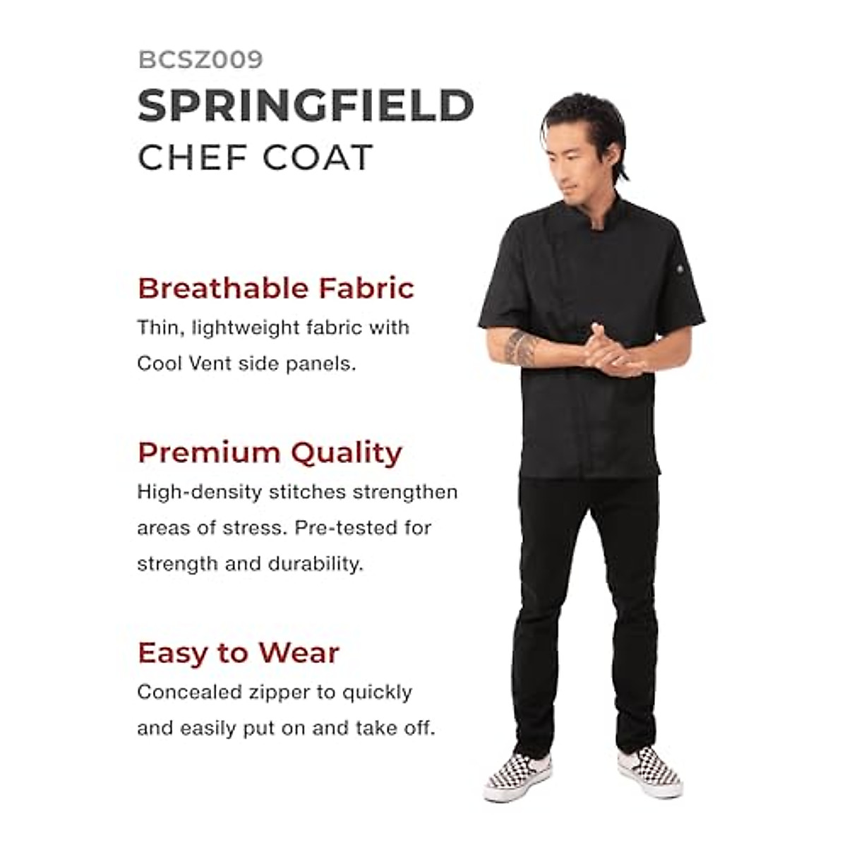 Chef Works Men's Springfield Chef Coat, Black, Large