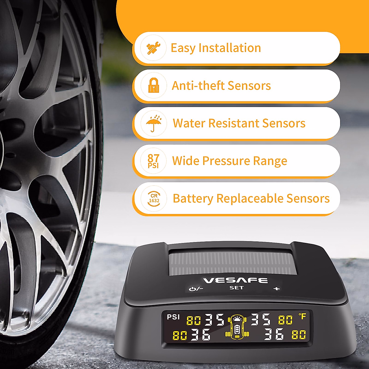 VESAFE Wireless tire Pressure Monitoring System, TPMS, with Solar Charger, Different high/Low Pressure Limits for Two axles, auto Sleep Mode, only Work with Cars, not Work with Camping Vehicles