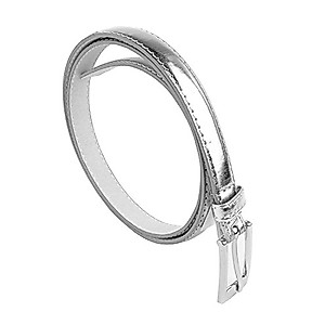 Belle Donne Women Skinny PU Leather, Dress, Silver Belts, Womens Belt with Silver Polished Buckle, Silver Medium