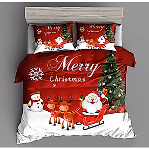 Merry Christmas Duvet Cover Queen Size, 3pc Farmhouse Santa Claus Snowman Snowflake Tree Pattern Microfiber Bedding Comforter Cover Set, 90x90 Red and White New Year Holidays Bed Sets for Women Men