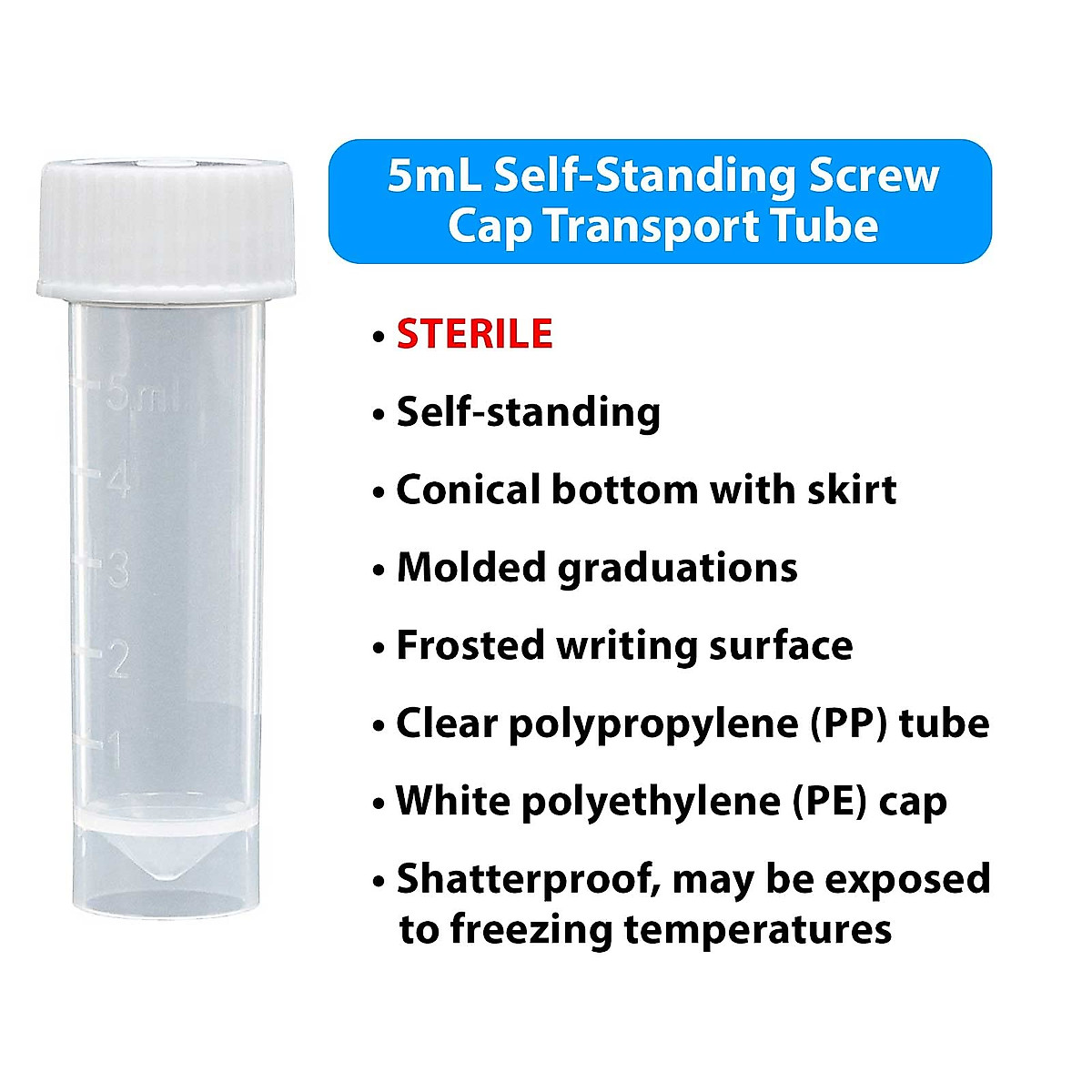 Globe Scientific 6101S Polypropylene Molded Graduations Conical Bottom Self Standing Transport Tubes with Attached White Polyethylene Screw Cap, Sterile, 5ml Capacity, Pack of 500