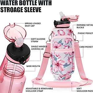 Fimibuke 32 oz Water Bottle with Sleeve - BPA Free Leakproof Sport Large 1L Plastic Motivational Water Bottle with Straw Strap Insulated Neoprene Holder Carrier Bag for Women Men (A4.Peach Blossom)
